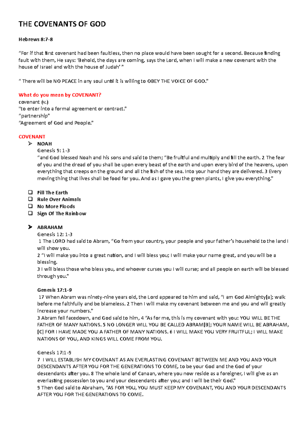 Religious Studies Handouts - THE COVENANTS OF GOD Hebrews 8:7- “For if that first covenant had ...