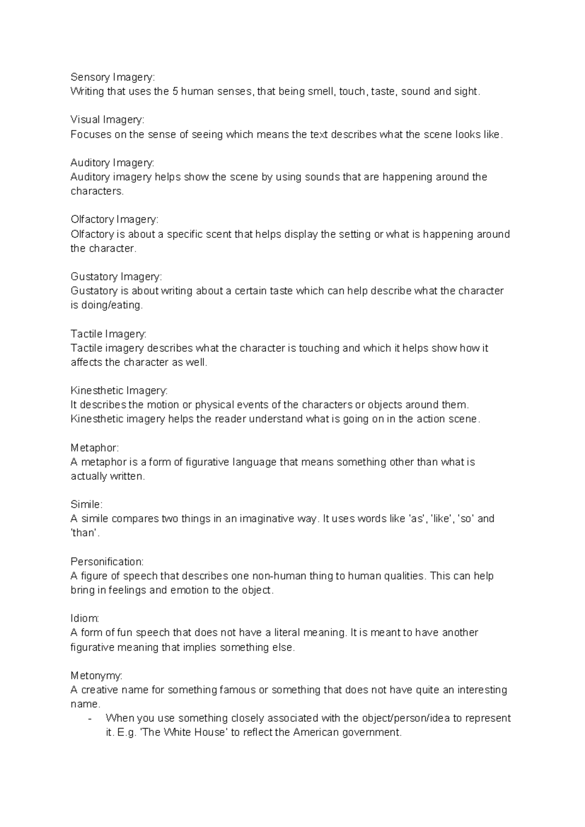 Figurative Language Definitions - Sensory Imagery: Writing that uses ...