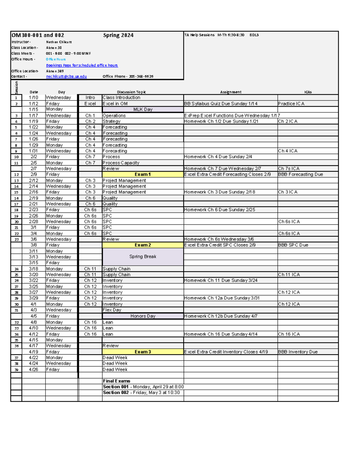 Schedule OM300 Spring 2024 - OM300-001 and 002 Spring 2024 TA Help ...
