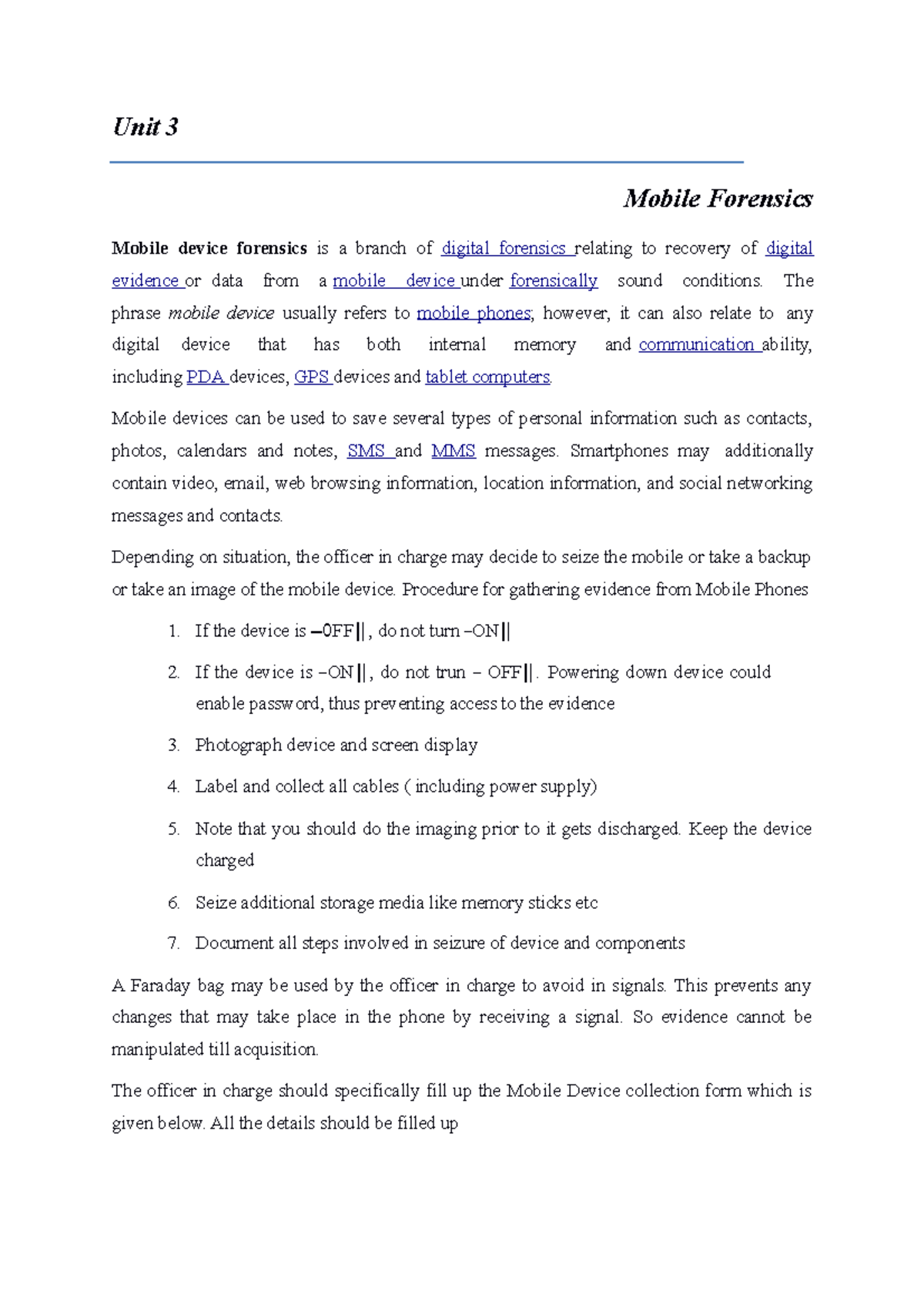 Notes-Unit 3 - notes - Unit 3 Mobile Forensics Mobile device forensics ...