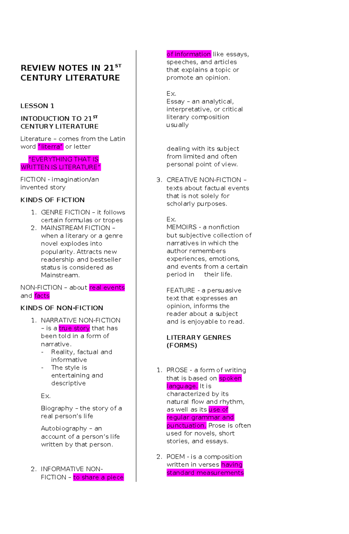 Review Notes IN 21ST Century Literature - REVIEW NOTES IN 21 ST CENTURY ...