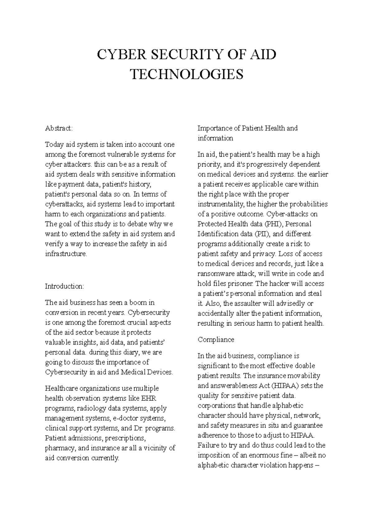 Cyber security in healthcare- wahetha - CYBER SECURITY OF AID ...