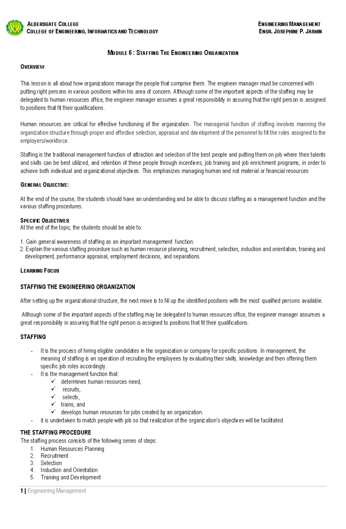 Module-6-Staffing - LEARNING MODULES - COLLEGE OF ENGINEERING ...