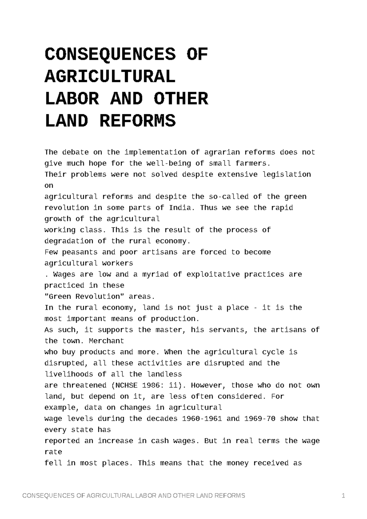 Consequences OF Agricultural Labor AND Other LAND Reforms ...