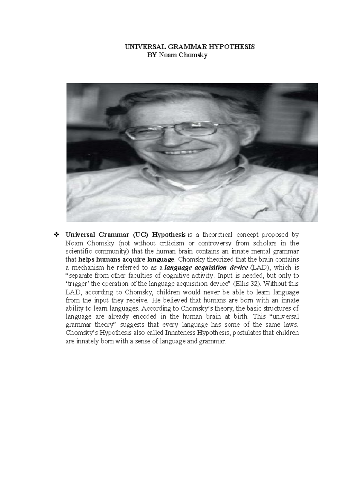 Universal Grammar Hypothesis by chomsky - UNIVERSAL GRAMMAR HYPOTHESIS ...