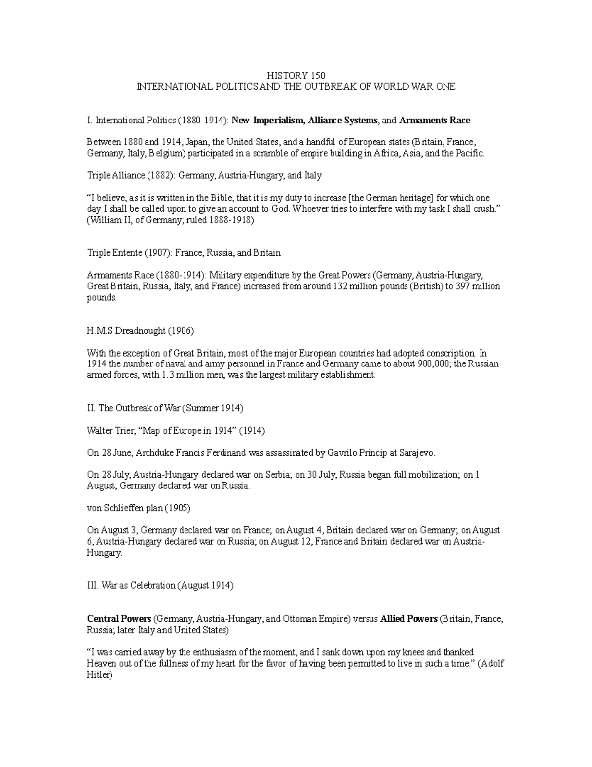 History 150 Notes - HISTORY 150 INTERNATIONAL POLITICS AND THE OUTBREAK ...