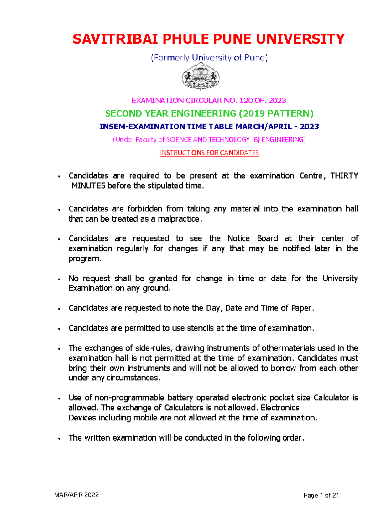 Insem Time-Table - SAVITRIBAI PHULE PUNE UNIVERSITY (Formerly ...