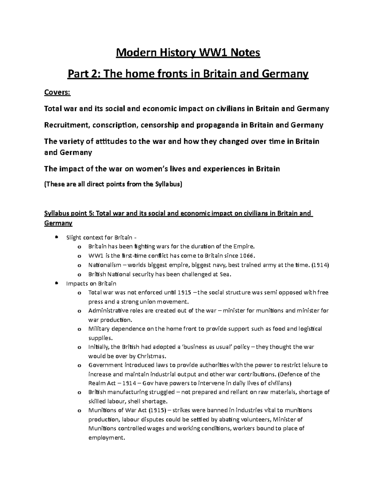 WW1 - The home fronts in Britain and Germany - Modern History WW1 Notes ...
