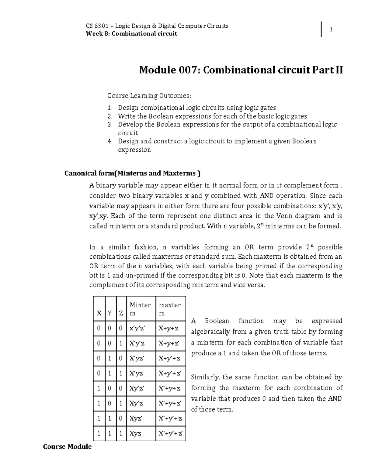 Week 8 - Cobinational Circuits - Part II - CS 6301 Logic Design Digital Computer Circuits Week 8 ...