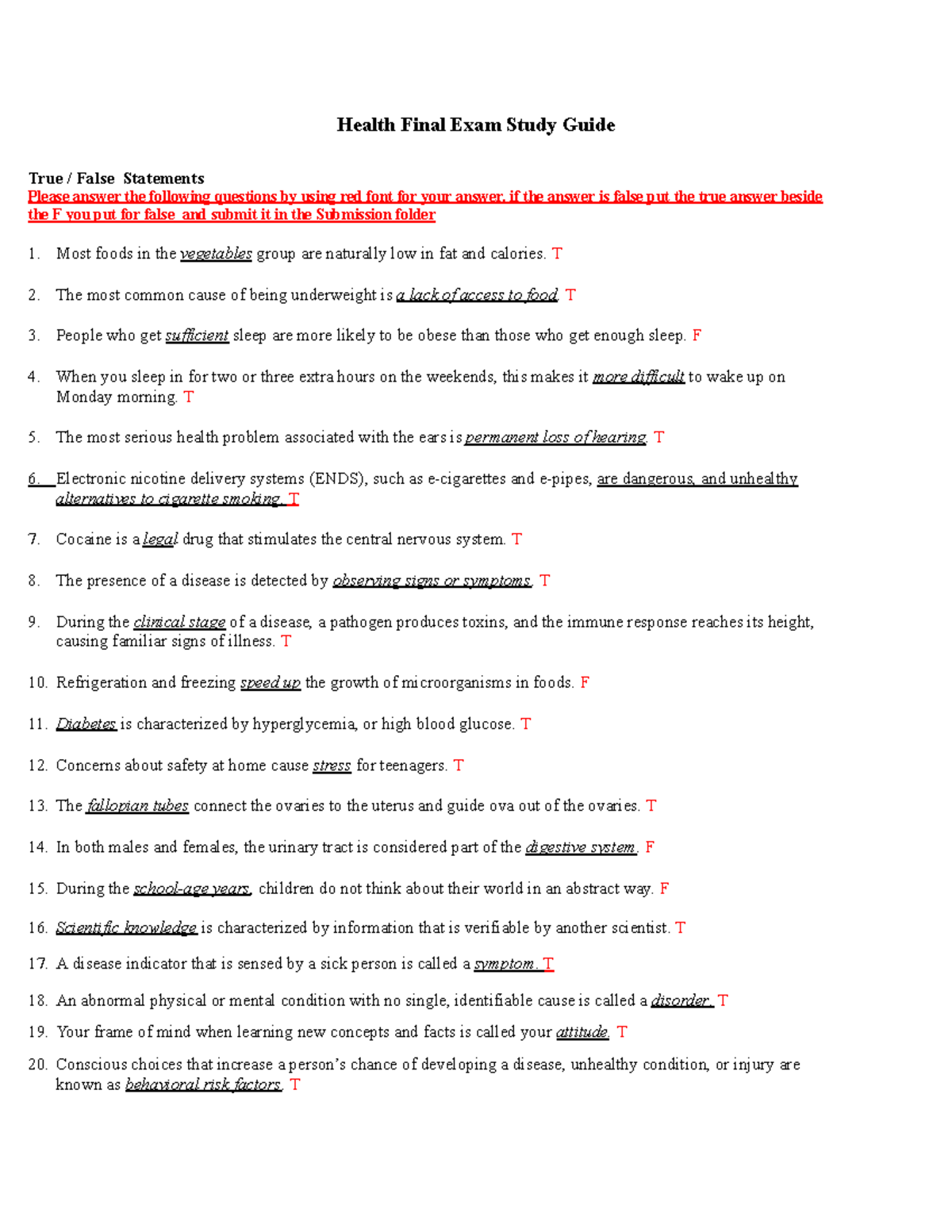 Health final exam sg - Health Final Exam Study Guide True / False ...