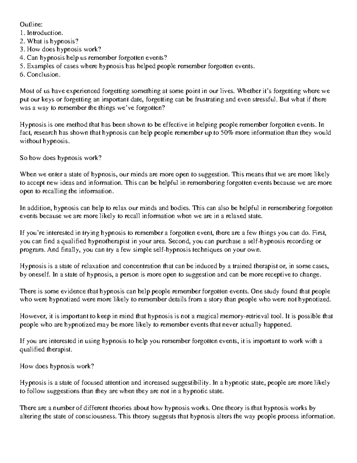 Document-2 - N/A - Outline: Introduction. What is hypnosis? How does ...