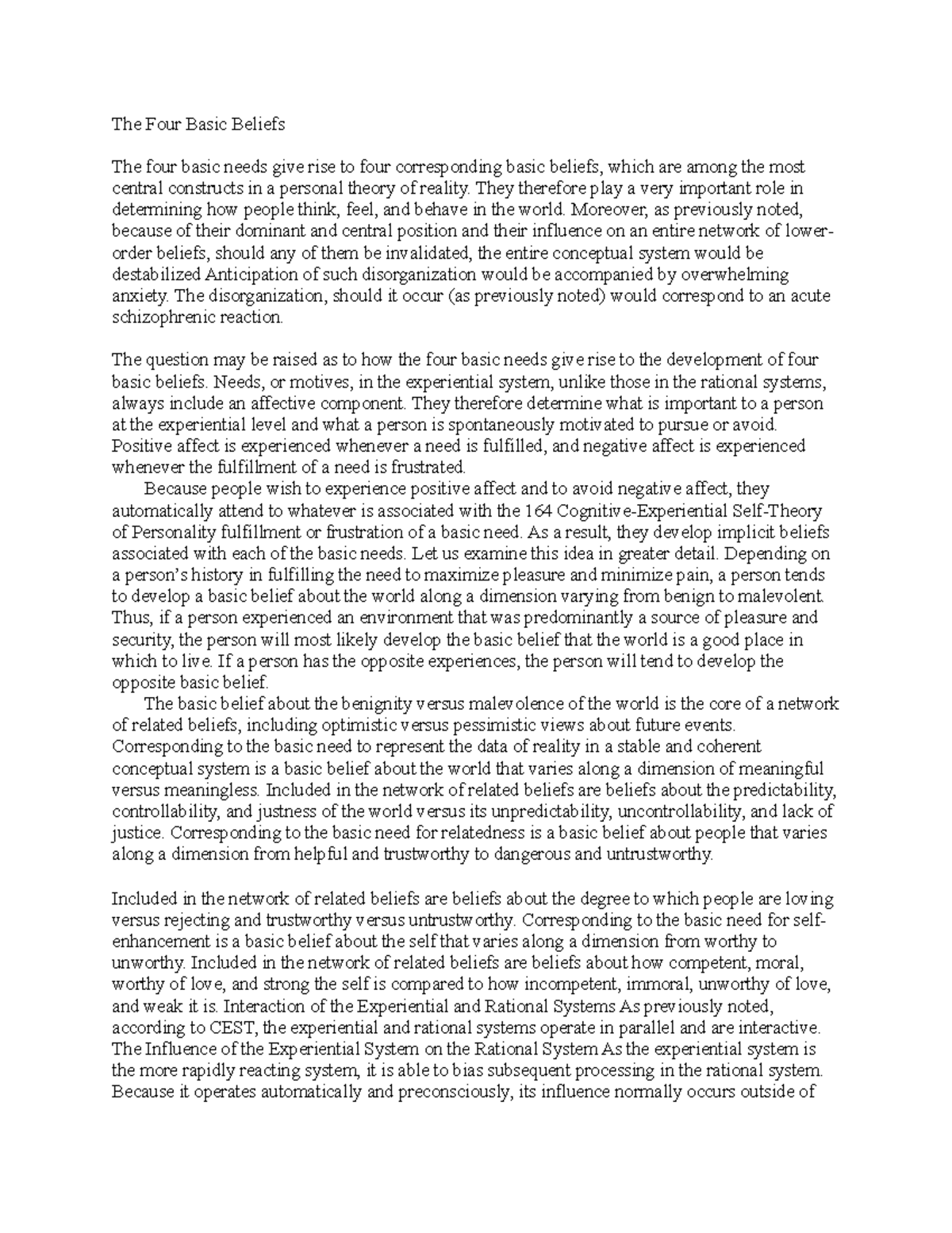 -The Four Basic Beliefs - The Four Basic Beliefs The four basic needs ...