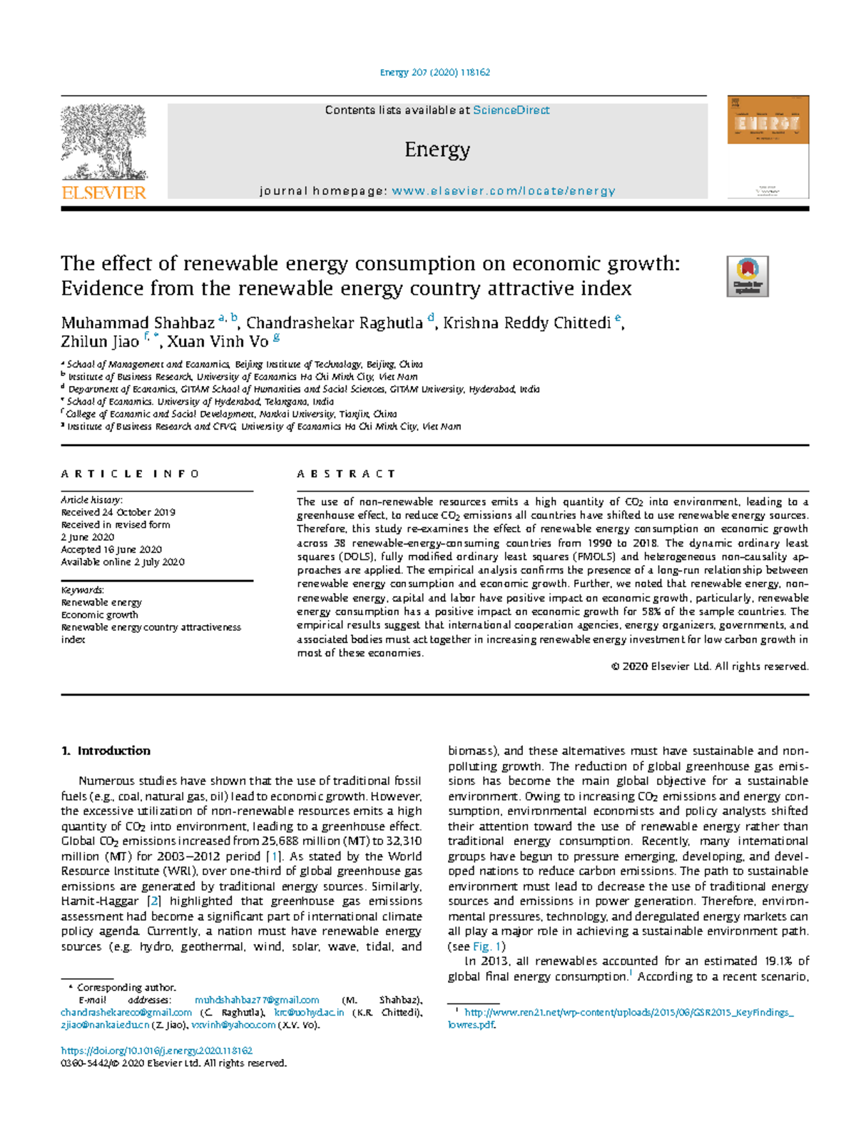 energy economics paper - The effect of renewable energy consumption on ...
