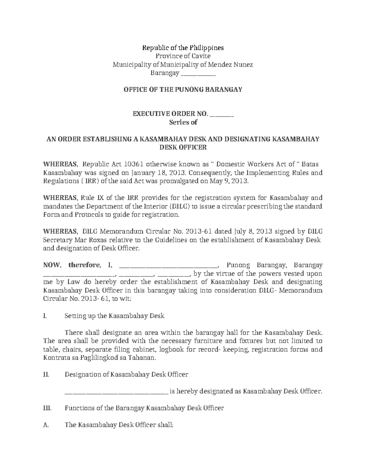 Establishing A Kasambahay DESK AND Designating Kasambahay DESK Officer ...