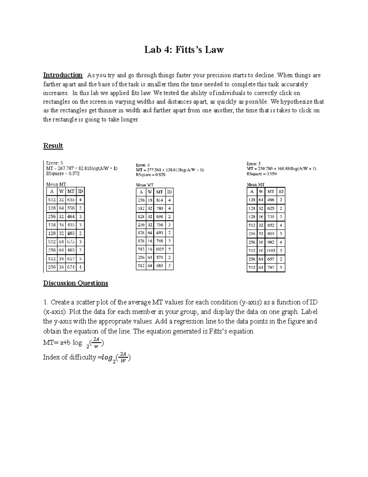 Lab 4 Fitts Law - lab 4 - Lab 4: Fitts’s Law Introduction : As you try ...