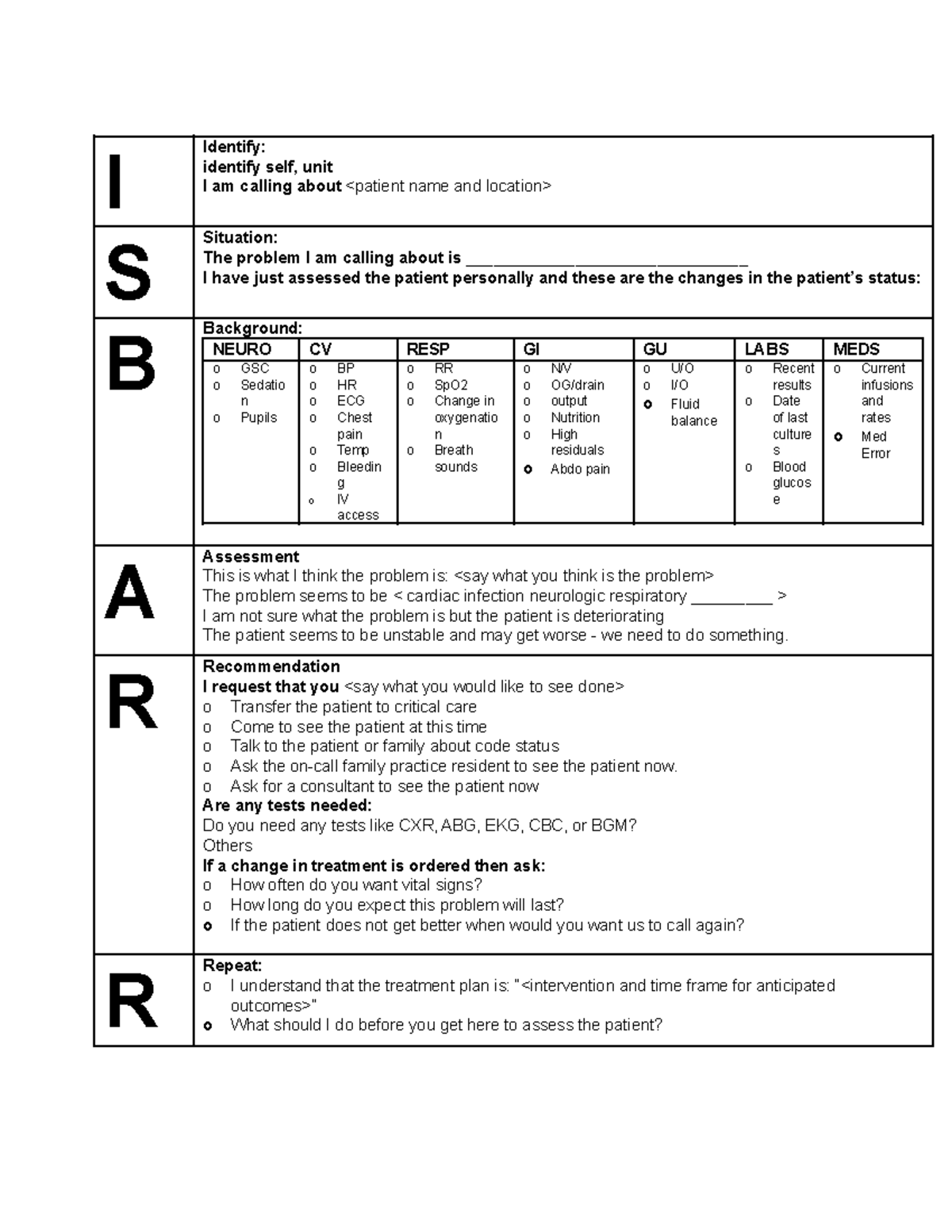 Isbarr communication tool for Nursing - I Identify: identify self, unit ...