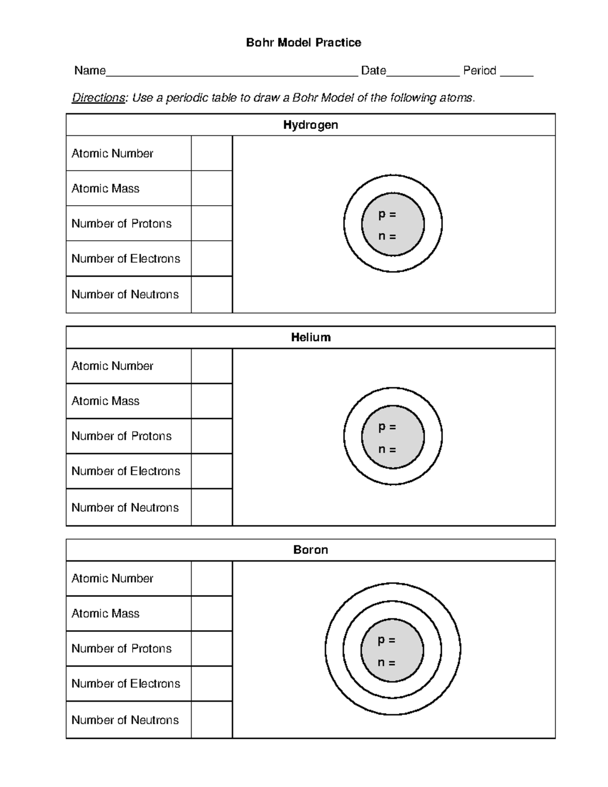 Bohr Model Practice 1 - Bohr Model Practice Name ...