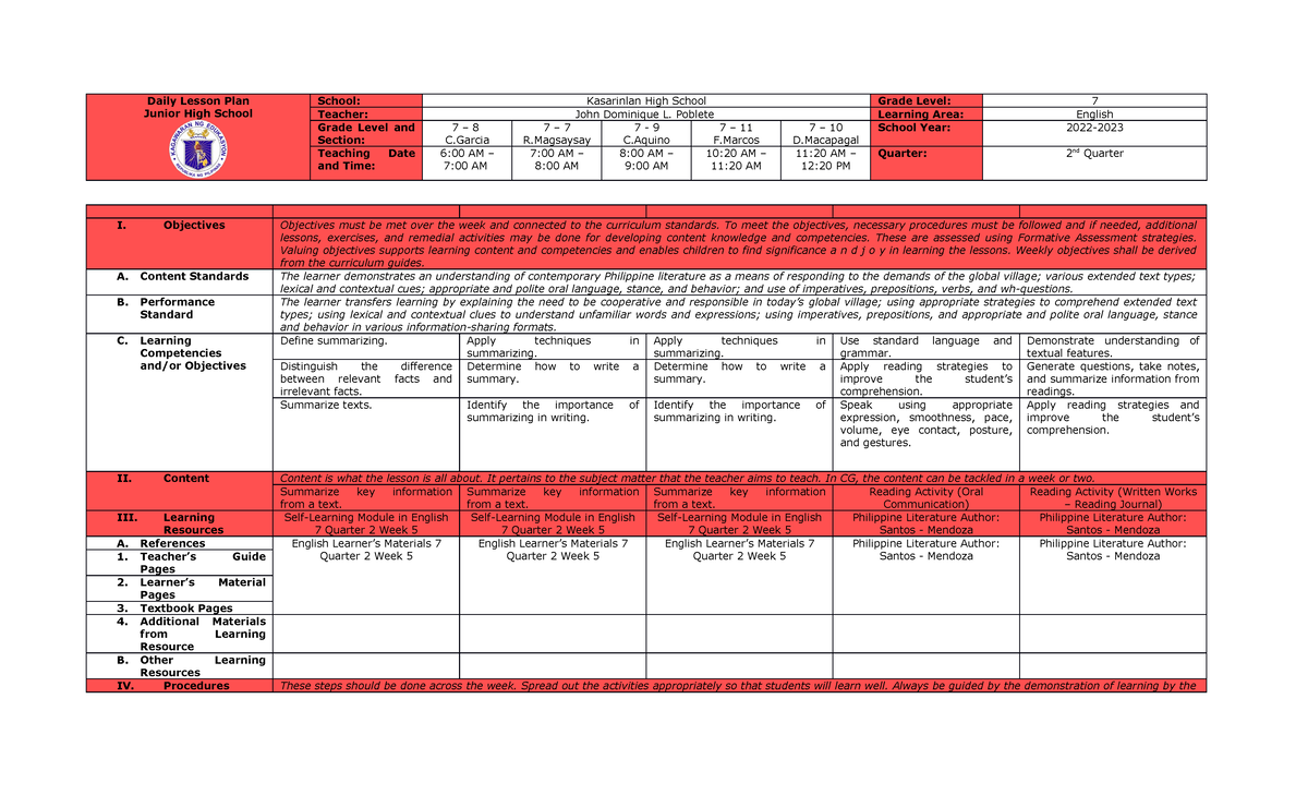 Quarter 2 Week 5 Lesson Plan - Daily Lesson Plan Junior High School ...