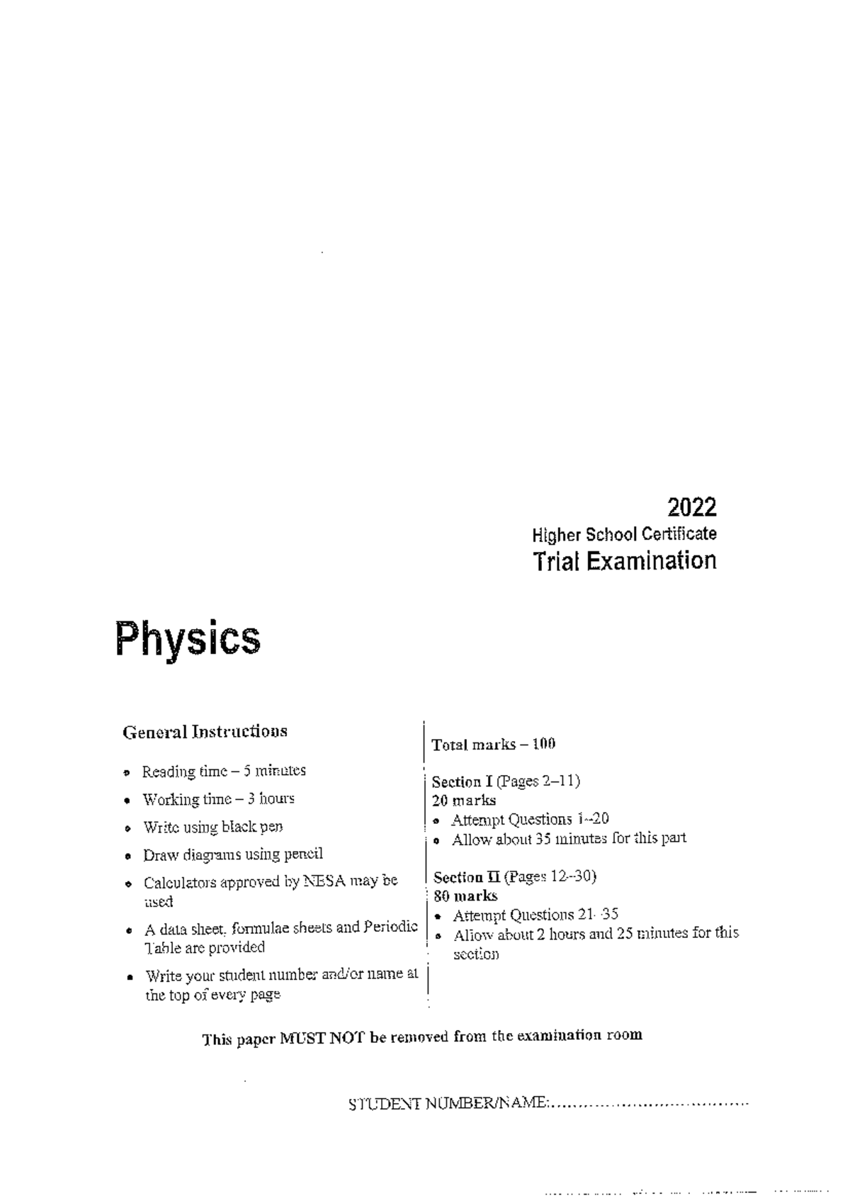 Past Trial Paper HSC Physics w/ Solutions - 2022 Higher School ...