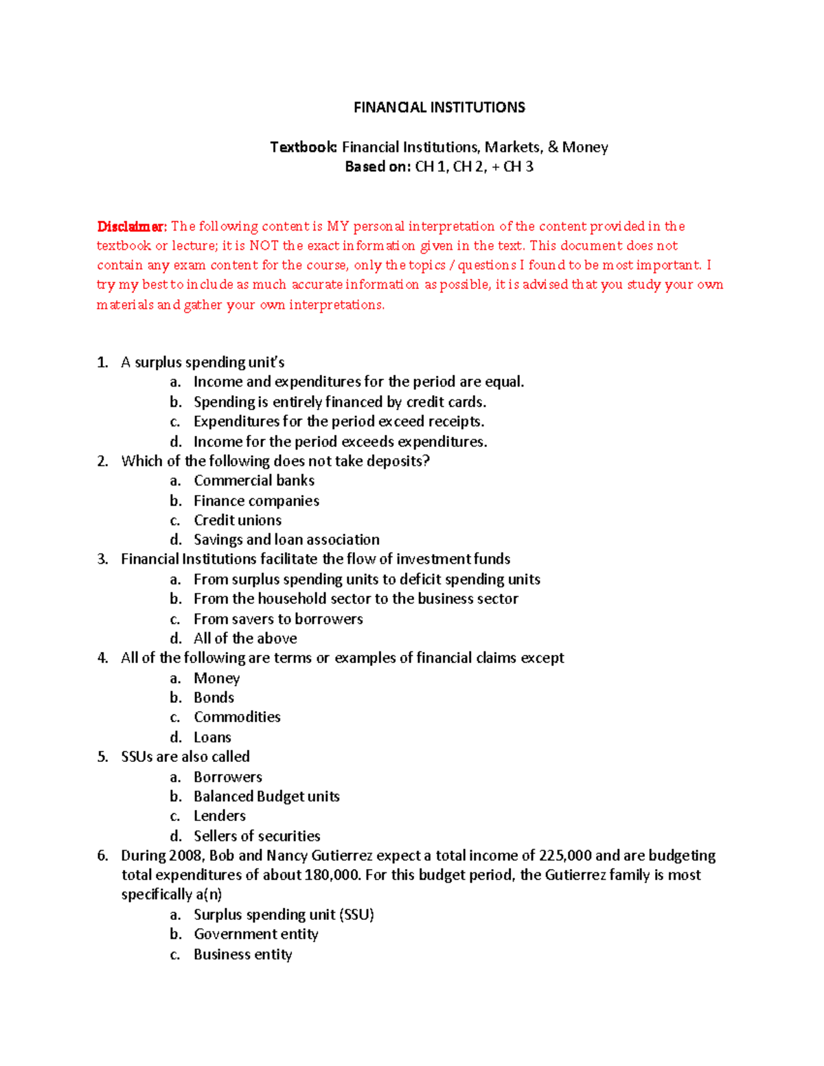 Financial Institutions - Questions - Chapters 1, 2, 3 - FINANCIAL ...