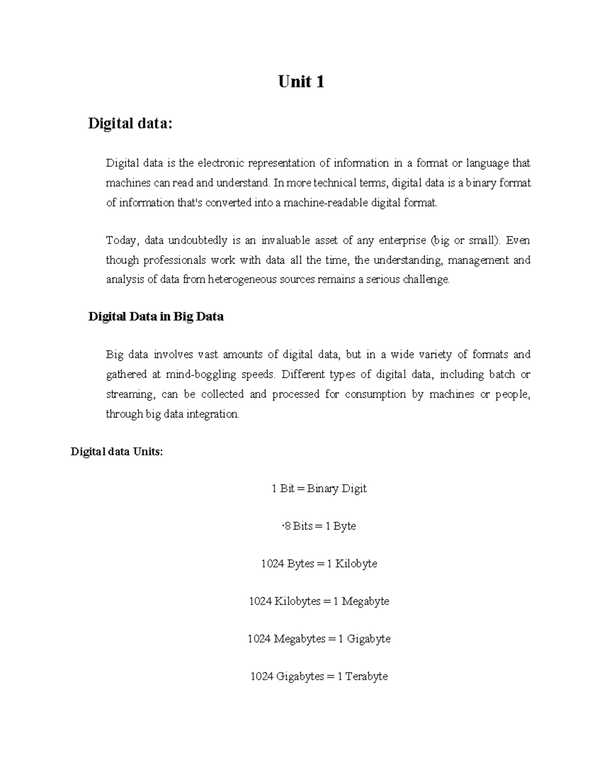Unit 1 big data - useful - Unit 1 Digital data: Digital data is the electronic representation of ...