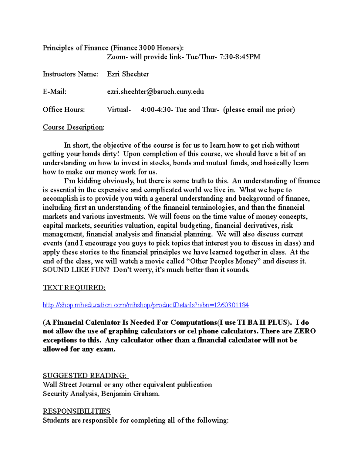 Fall 2020 finance syllabus - Principles of Finance (Finance 3000 Honors ...