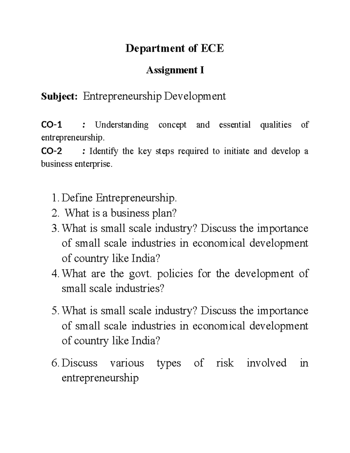 Assignment I ED - Department of ECE Assignment I Subject ...