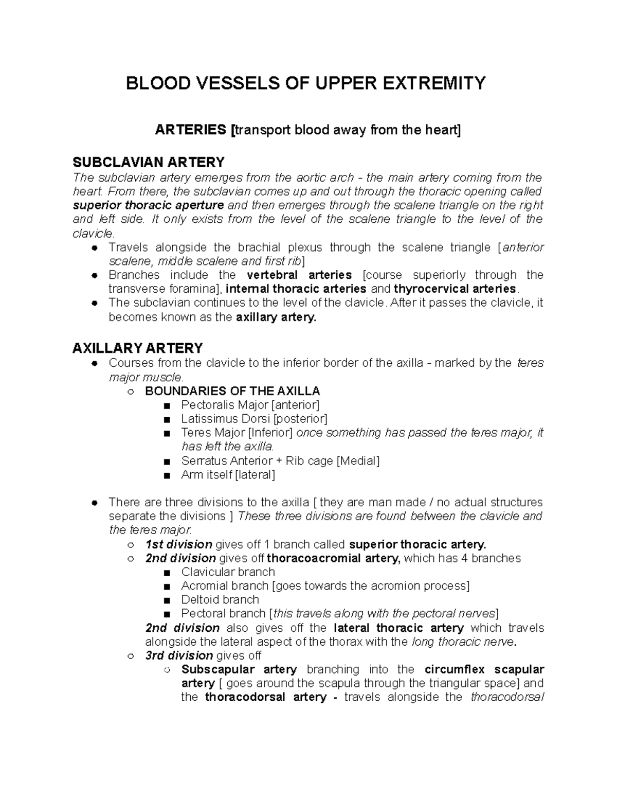 Blood Vessels OF THE UE TEST 2 - BLOOD VESSELS OF UPPER EXTREMITY ...