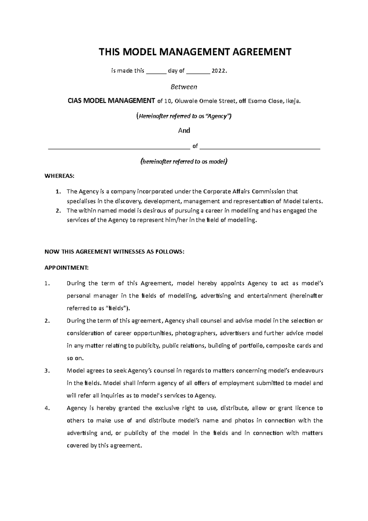 NEW International Contract - THIS MODEL MANAGEMENT AGREEMENT is made ...