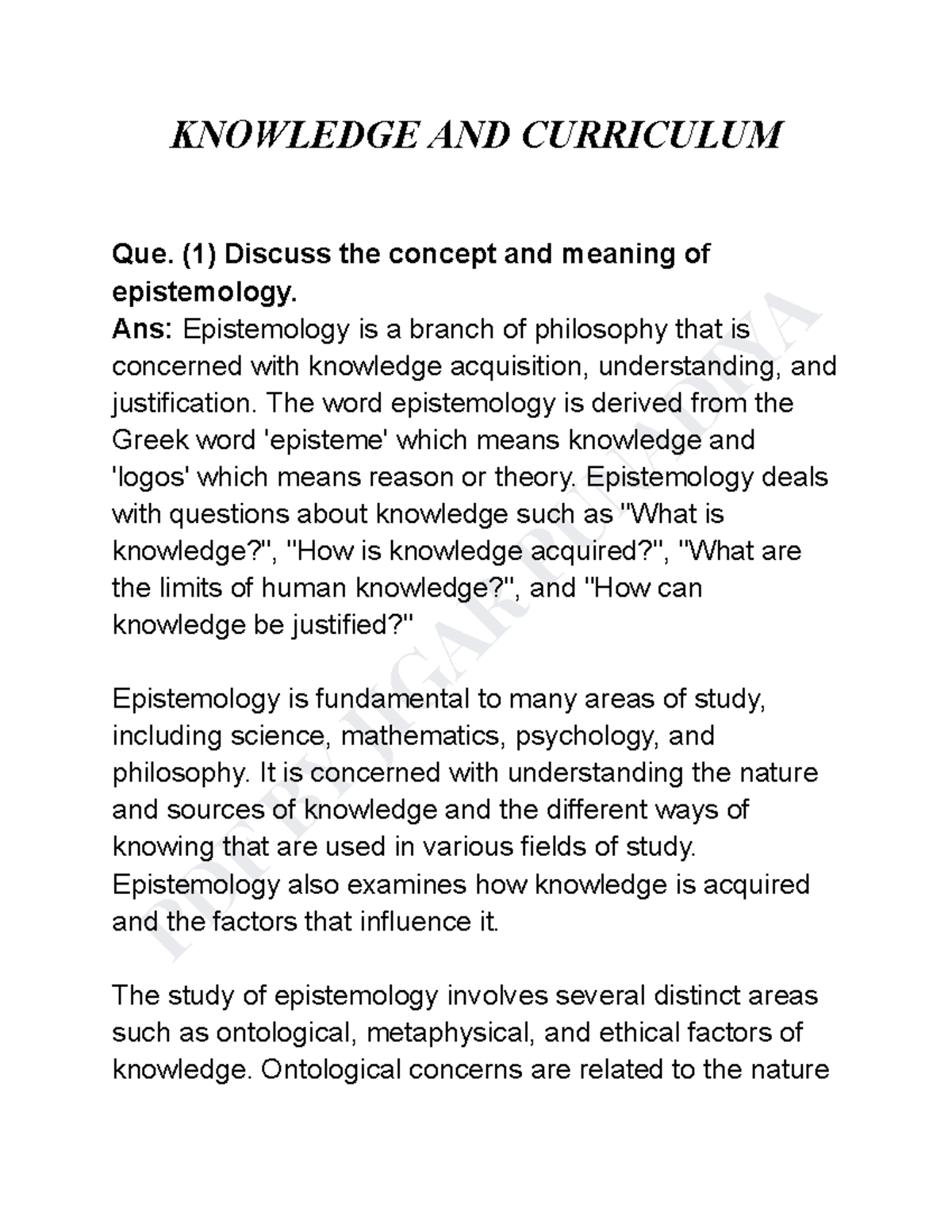 Assignment Knowledge AND Curriculum - PDF BY JIGAR PUNADIYA KNOWLEDGE AND CURRICULUM Que. (1 ...