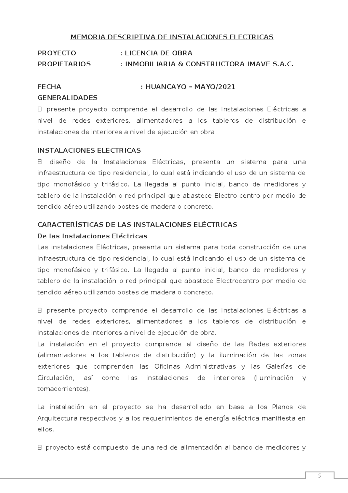 Memoria Descriptiva -INST. Electricas. - MEMORIA DESCRIPTIVA DE INSTALACIONES ELECTRICAS ...