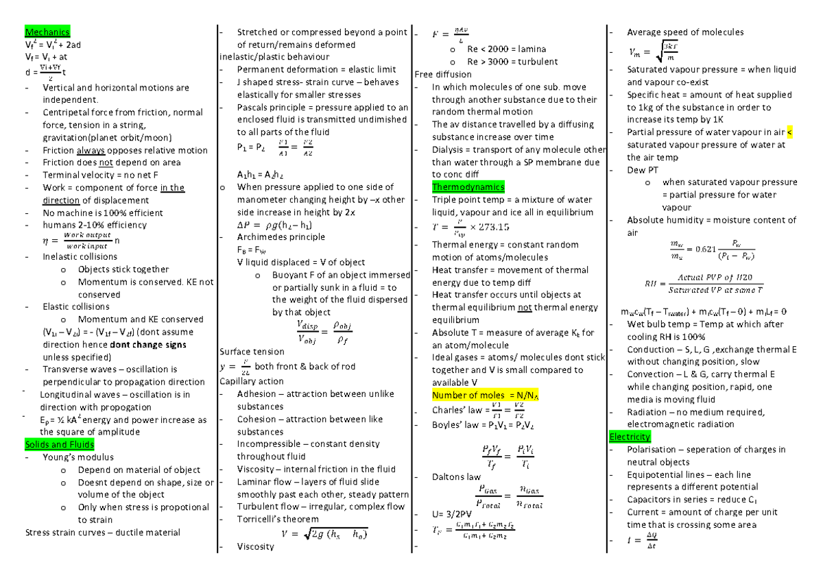 PHSI191 cheat sheet - Mechanics V f 2 = V i 2 + 2ad V f = V i + at d = !"#!$ % t - Vertical and ...