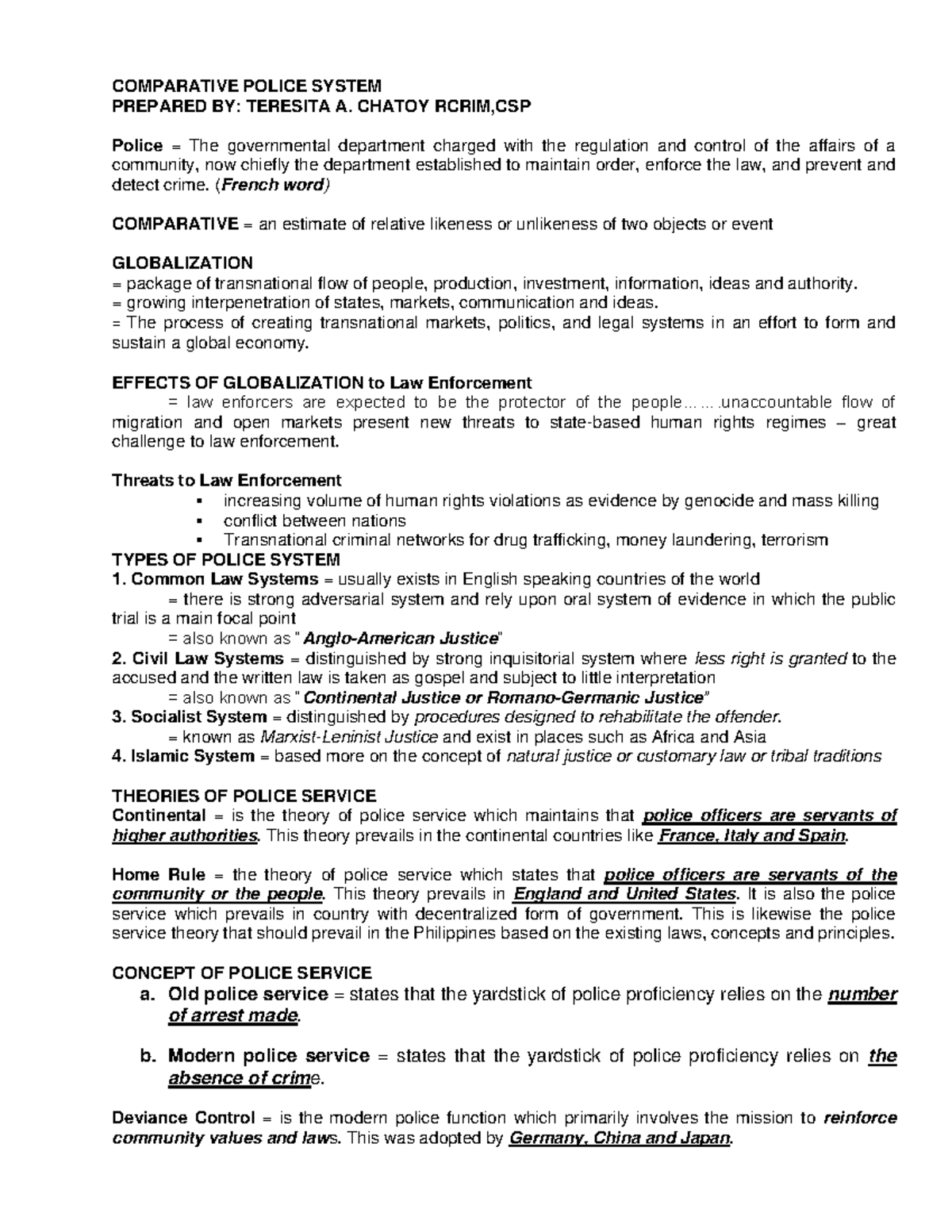  LEA 6 Comparative Police System CRIMINOLOGISTS EXAM COMPARATIVE