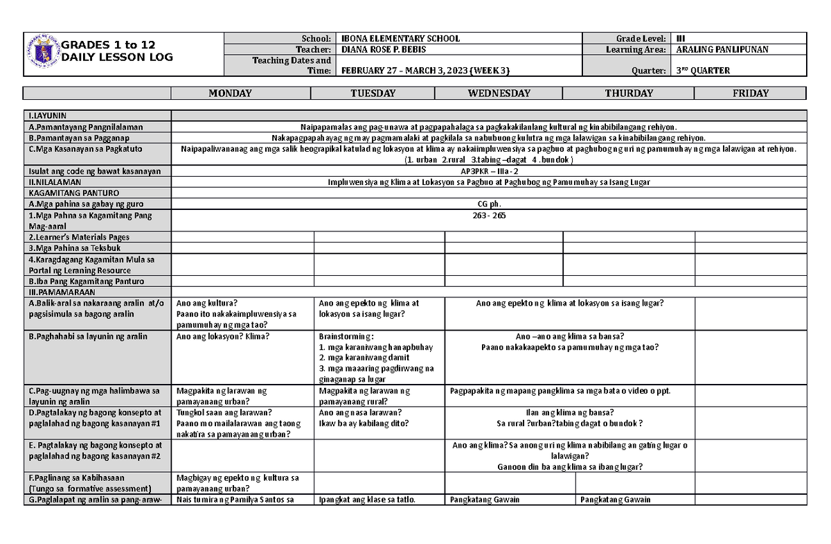 DLL Araling Panlipunan 3 Q3 W3 - GRADES 1 to 12 DAILY LESSON LOG School ...