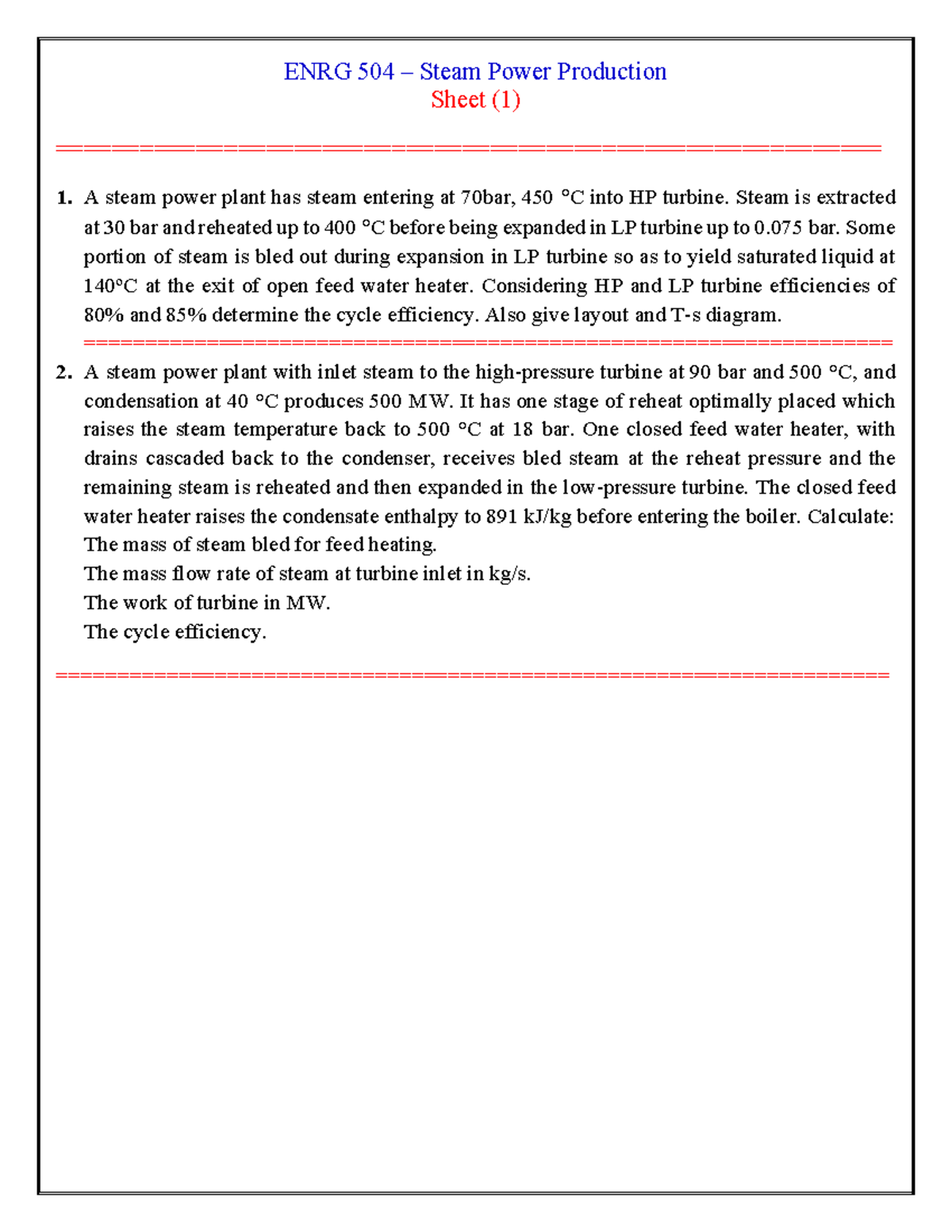 Sheet-1 - Steam - ENRG 504 – Steam Power Production Sheet (1) - Studocu