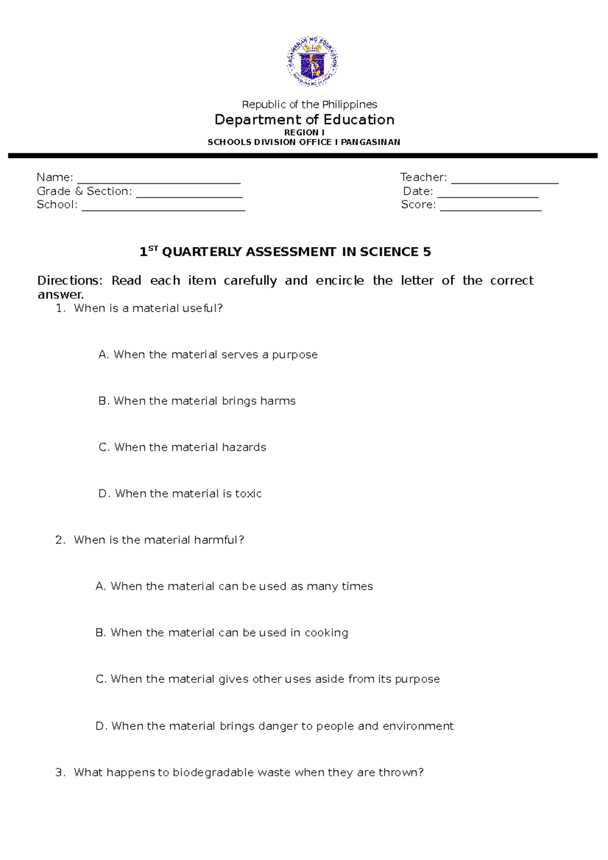 Final Grade 5 TEST Questions IN Science 1ST Quarter 1 - Republic of the ...