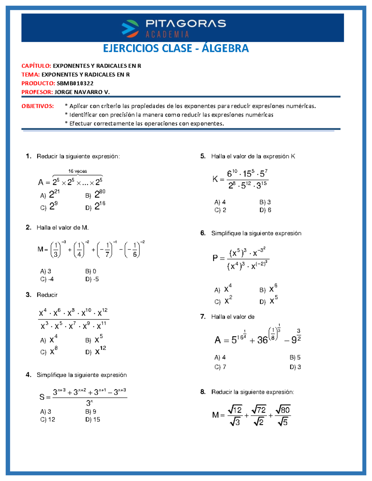 Exponentes- EJERCICIOS CLASE - ÁLGEBRA CAPÍTULO: EXPONENTES Y RADICALES ...