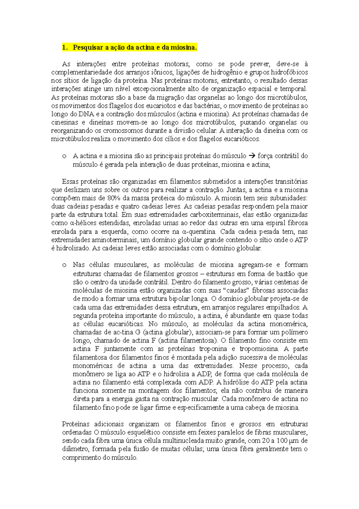 Tutoria 2 - Resumo actina e miosina - Pesquisar a ação da actina e da ...
