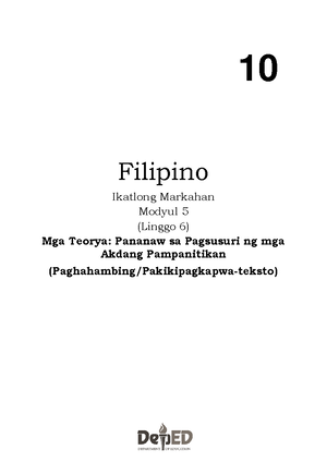 4 Q3 Filipino - 10 FILIPINO Ikatlong Markahan Modyul 4 (Linggo 4) Epiko mula sa Mali, West ...