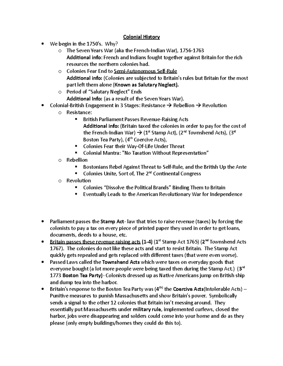 Semester Notes - Colonial History We begin in the 1750’s. Why? o The ...