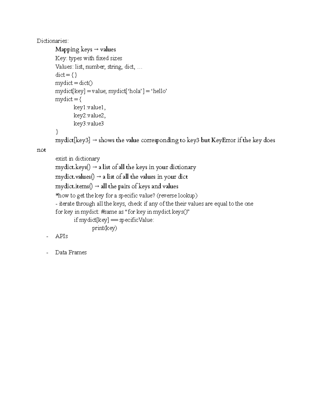 CS Final Review - Professor Shirazi - Dictionaries: Mapping keys → ...