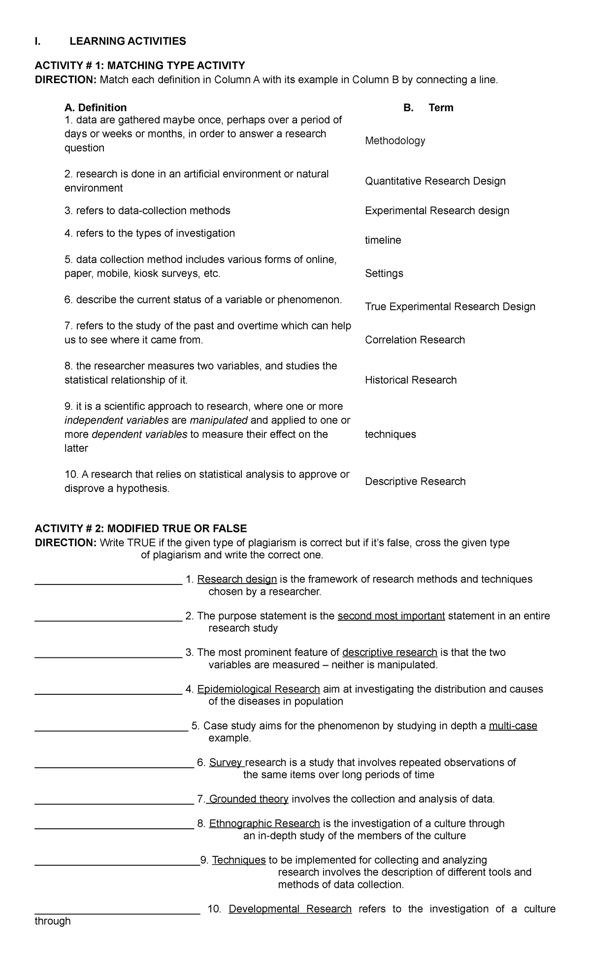 Learning- Activities 5 - I. LEARNING ACTIVITIES ACTIVITY # 1: MATCHING ...