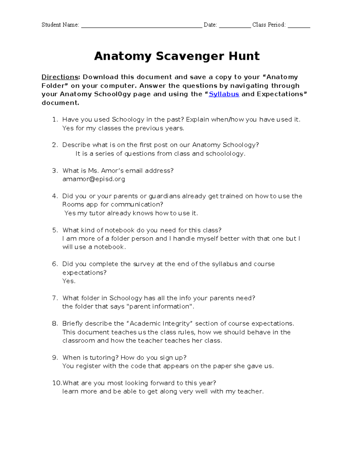 Anatomy Course Intro Scavenger Hunt - Student Name