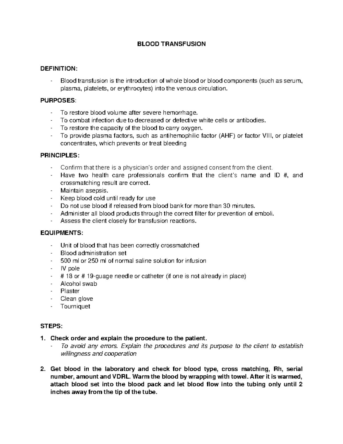 Catheterization - ASS - NOTES - BLOOD TRANSFUSION DEFINITION: Blood ...