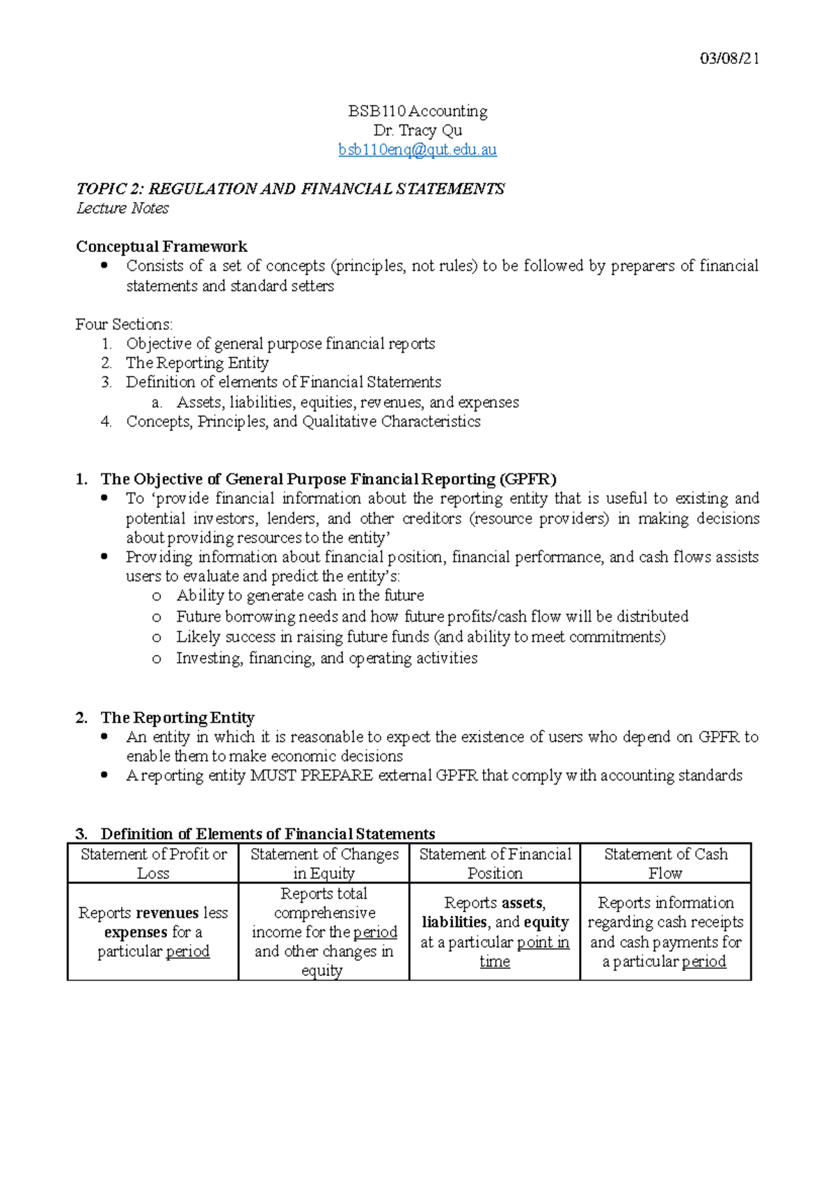 Topic 2 - Regulation and Financial Statements - BSB110 - QUT - Studocu