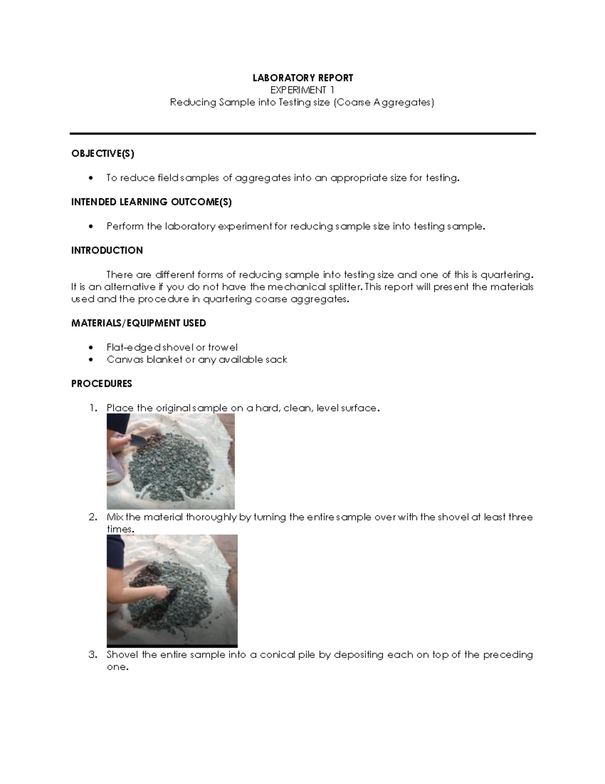 Lab Report Reducing Sample into Testing size (Coarse Aggregates ...