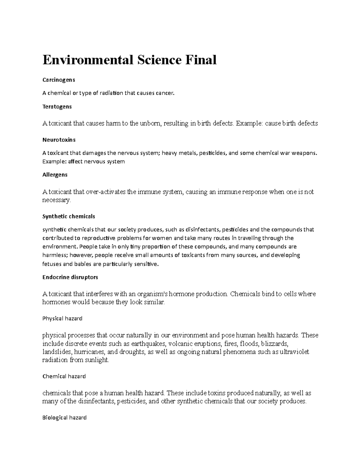Env science final notes - Environmental Science Final Carcinogens A ...