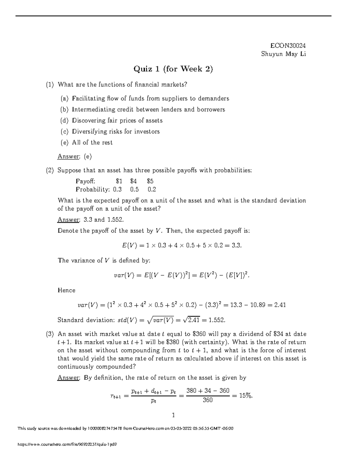 Quiz 1 (for week 1tutorial) !!!!!!!!! - ECON30024 - Unimelb - Studocu