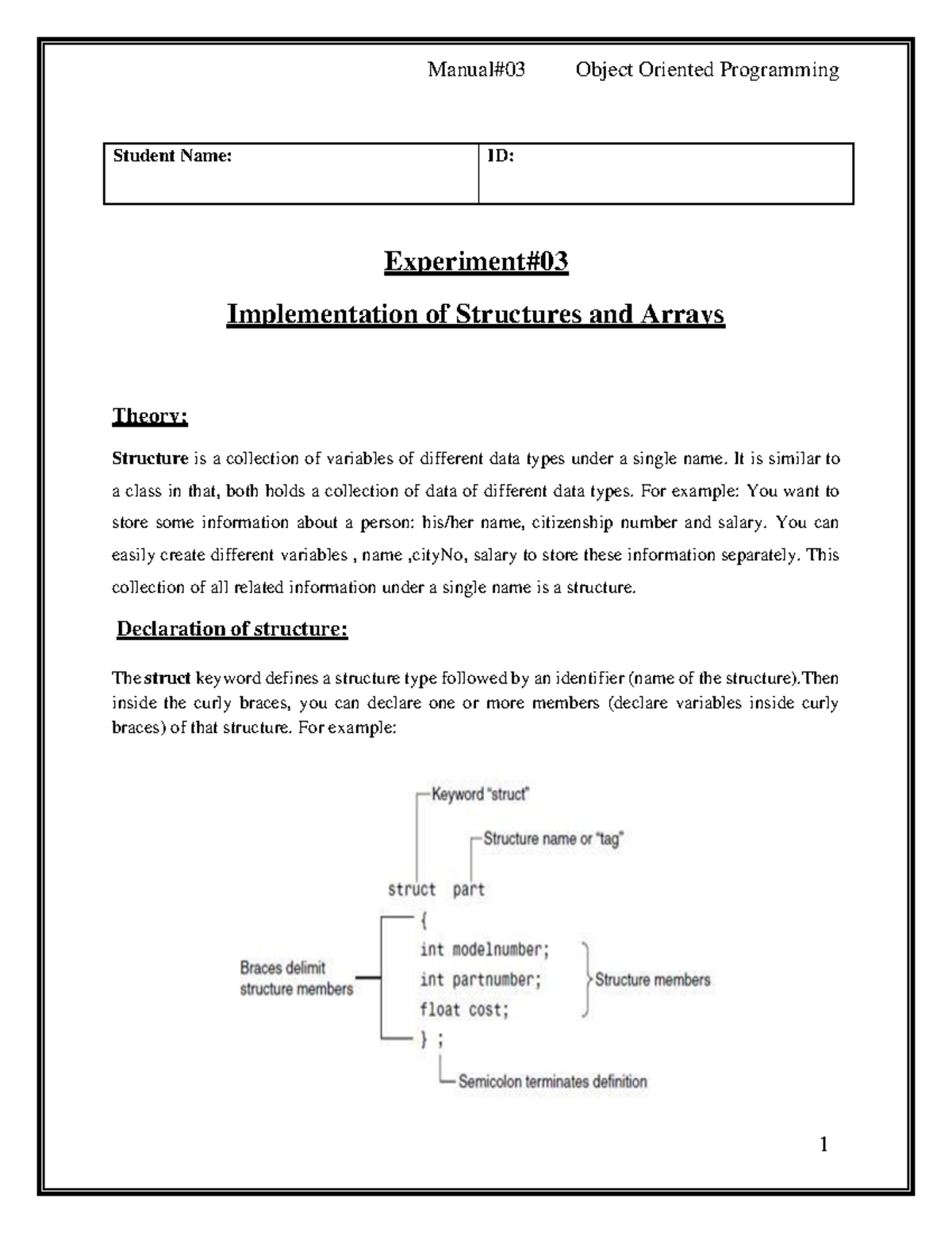 Lab 3 - Lab Manual - Student Name: ID: Experiment#0 3 Implementation of ...