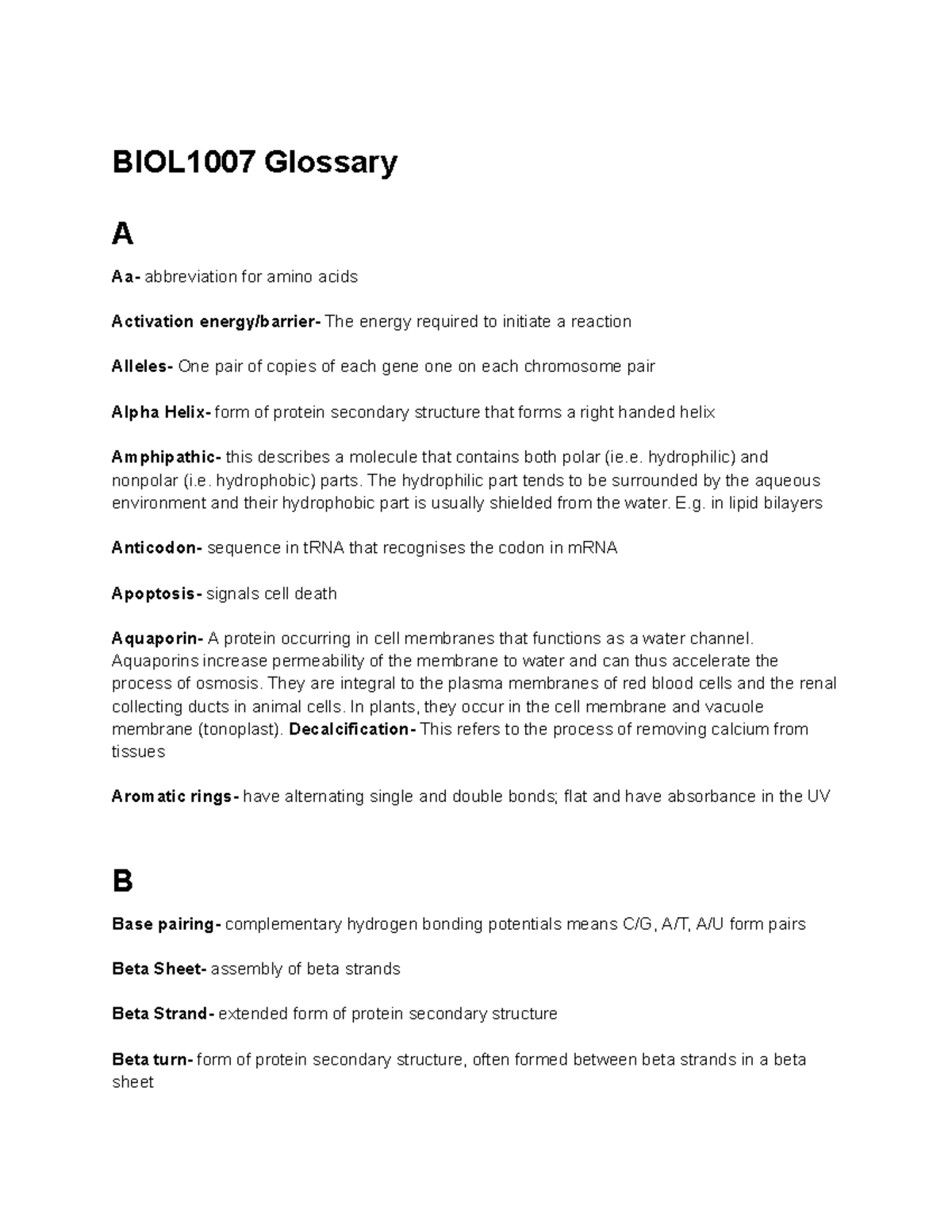 BIOL1007 Glossary - An outline of all the important terms and ...